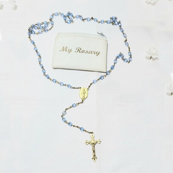 Jewelry | Vintage Sky Blue Faceted Crystal Gold Blessed Virgin Mary Rosary Beads Rosaries | Poshmark